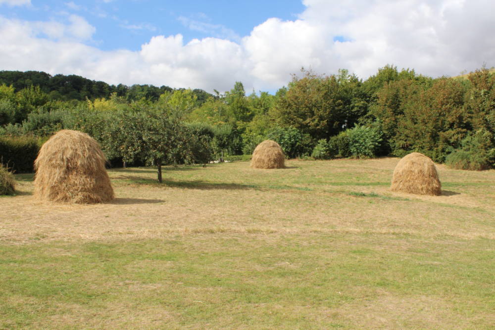 Montage artisanal d'une meule dans la prairie du musée — Musée Giverny